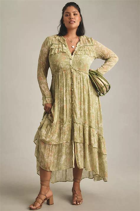 By Anthropologie Long Sleeve Sheer Hanky Hem Midi Dress Anthropologie