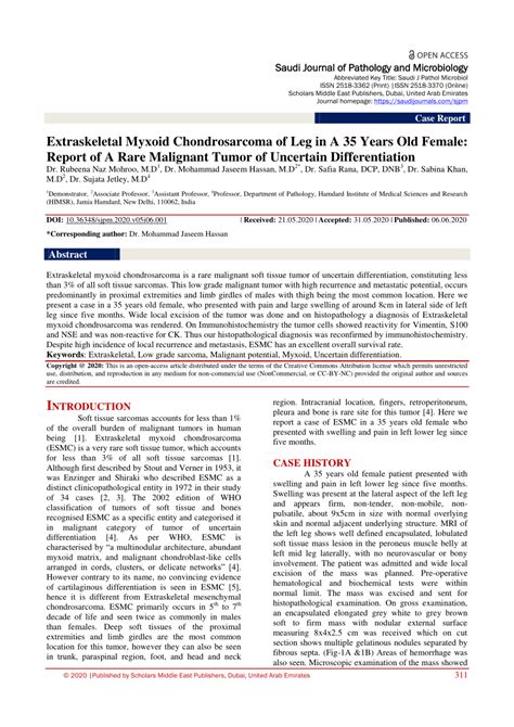 Pdf Extraskeletal Myxoid Chondrosarcoma Of Leg In A 35 Years Old Female Report Of A Rare