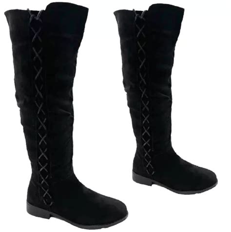 Womens Thigh High Boots Ladies Lace Up Over The Knee Low Heel Flats