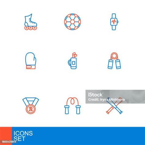 세트 라인 크로스 야구 방망이 줄넘기 메달 스포츠 확장기 권투 글러브 클럽이 있는 골프 가방 스마트 워치 하트 및 축구 축구 아이콘 벡터 1에 대한 스톡 벡터 아트 및 기타