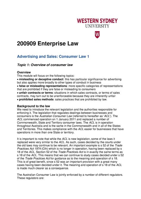 Consumer Law I Topic 1 Overview 200909 Enterprise Law Advertising And