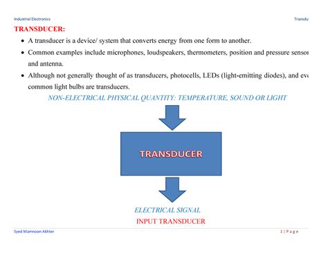 Transducer 20lect Industrial Electronics Transducer TRANSDUCER A Transducer Is A Device