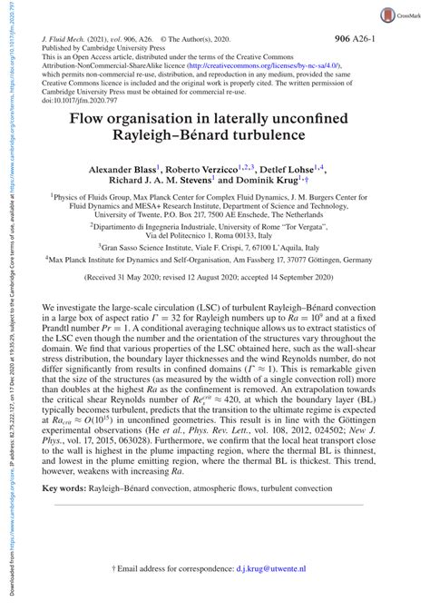 Pdf Flow Organisation In Laterally Unconfined Rayleigh Bénard Turbulence