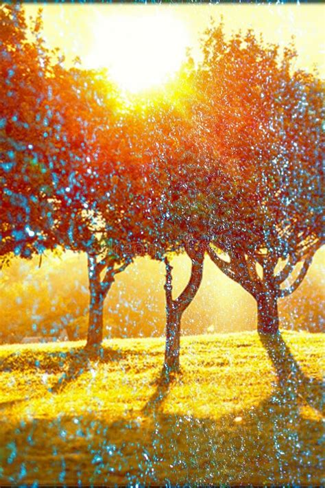 Golden Yellow And Sparkling Branches Of Leaves Nature Paint Art Stock Illustration