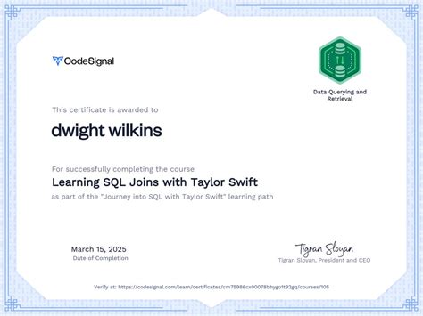 Course Certificate For Learning Sql Joins With Taylor Swift Dwight Wilkins