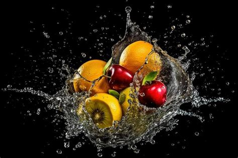 Frutas caindo em respingos de água isolados em fundo preto ai gerado Foto Premium
