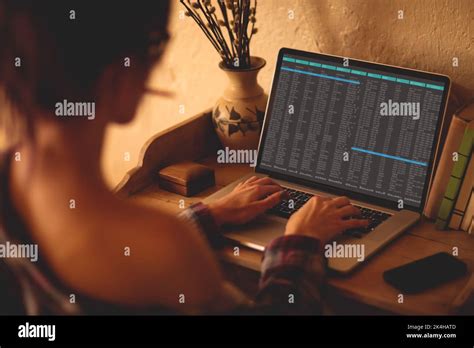 Back View Of Caucasian Female Programmer Siting At Desk Using Laptop