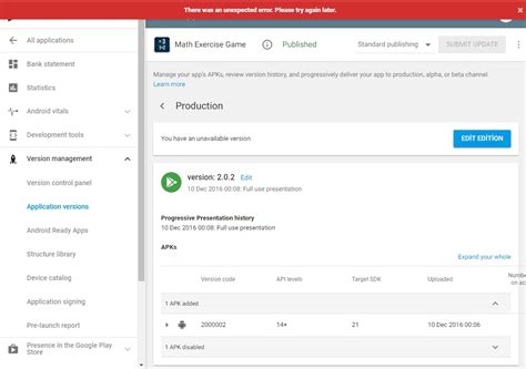 android play developer console i can t send update to my apps stack