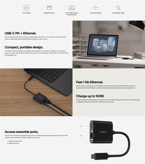 Belkin Connect Usb C To Ethernet Charge Adapter 100w Passthrough 1000 Mbps Ethernet Speed