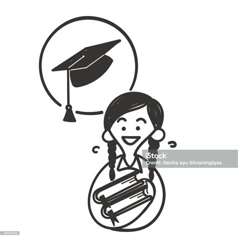 책을 가진 손으로 그린 낙서 여자 고립된 졸업 모자 벡터를 생각 Educational Institutions And