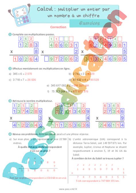 Multiplier un entier par un nombre à un chiffre Exercices de calcul