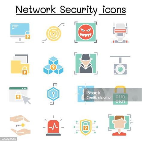 네트워크 보안 인터넷 방화벽 아이콘은 평면 색상 스타일로 설정됩니다 0명에 대한 스톡 벡터 아트 및 기타 이미지 0명 데이터 데이터베이스 Istock