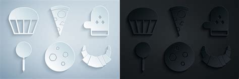 초콜릿 오븐 장갑 프라이팬 크로와상 피자 조각 및 머핀 아이콘으로 쿠키 또는 비스킷을 설정합니다 벡터 3차원 형태에 대한 스톡 벡터 아트 및 기타 이미지 Istock