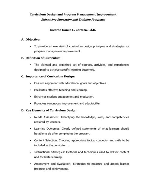 Curriculum Design And Program Management Improvement 2024 Pdf Educational Assessment
