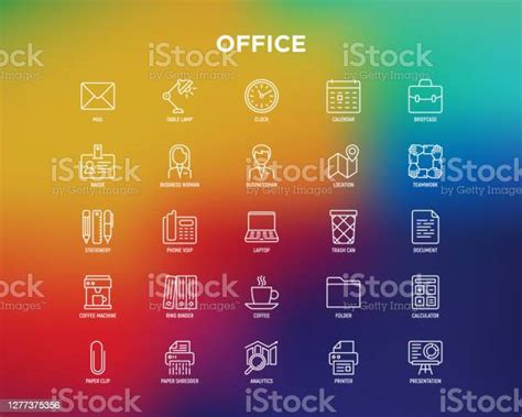 사무실 관련 얇은 라인 아이콘 세트 메일 테이블 램프 시계 달력 서류 가방 배지 위치 팀 워크 분석 프린터 종이 분쇄기 노트북 프리젠 테이션 벡터 그림입니다 달력에 대한