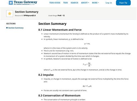 Texas Gateway Linear Momentum And Collisions Summary Unit Plan For
