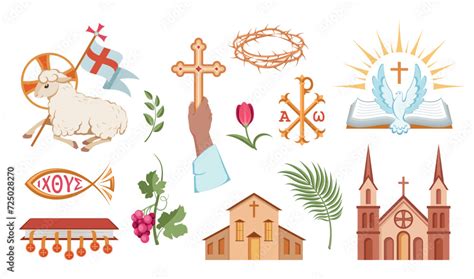 Religious Christian Signs And Symbols Set Of Colorful Icons Church