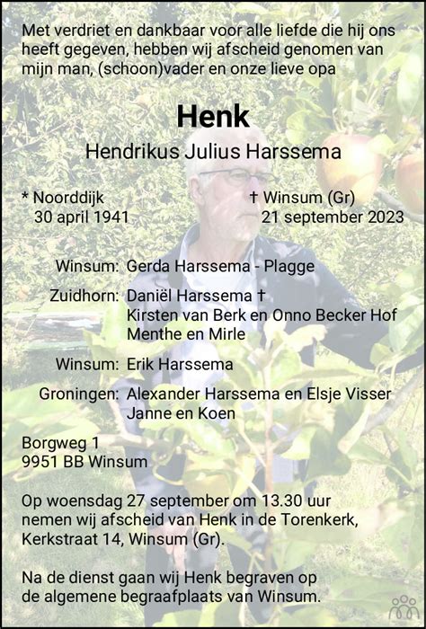 Henk Hendrikus Julius Harssema 21 09 2023 Overlijdensbericht En