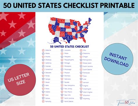 50 United States Checklist Printable