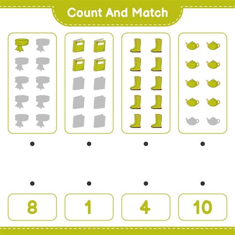 스카프 책 고무 장화 찻주전자의 수를 세고 짝짓기하고 올바른 숫자와 짝을 맞춥니다 교육 어린이 게임 인쇄용 워크시트 벡터 일러스트 레이 션 프리미엄 벡터