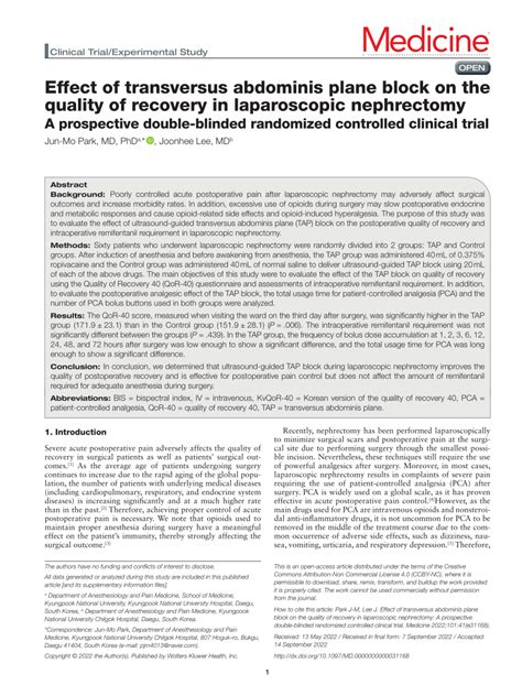 Pdf Effect Of Transversus Abdominis Plane Block On The Quality Of Recovery In Laparoscopic