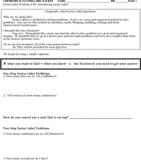 Factor Label Worksheet Factor Label Method Worksheet Conversion Factors Worksheets Chemistry