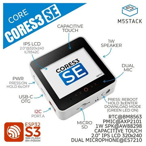Экономичный iot контроллер m5stack cores3 se esp32 s3 оснащен 2