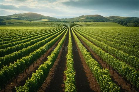 Agriculture View Green Field With Orderly Rows Of Vines Stock