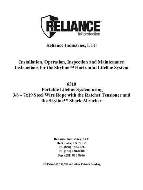 Fillable Online Reliance Horizontal Lifeline Installation Pour In