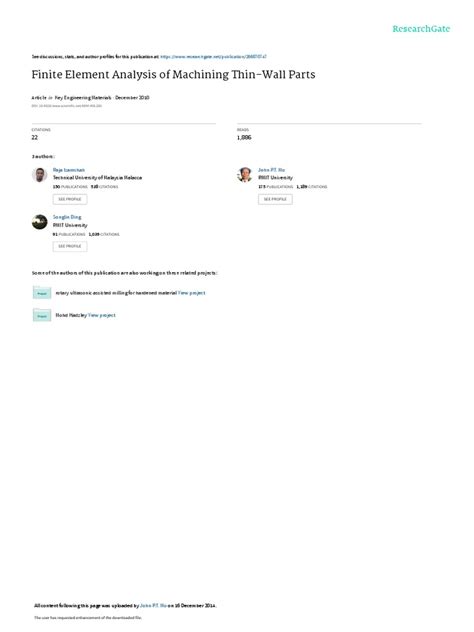 Finite Element Analysis Of Machining Thin Wall Parts Key Engineering Materials December 2010