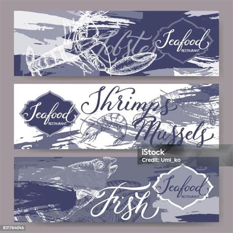 물고기 새우 가재 굴 빈티지 스케치와 브러시 서 예와 3 배너 3가지 개체에 대한 스톡 벡터 아트 및 기타 이미지 3가지 개체 강 건강한 생활방식 Istock