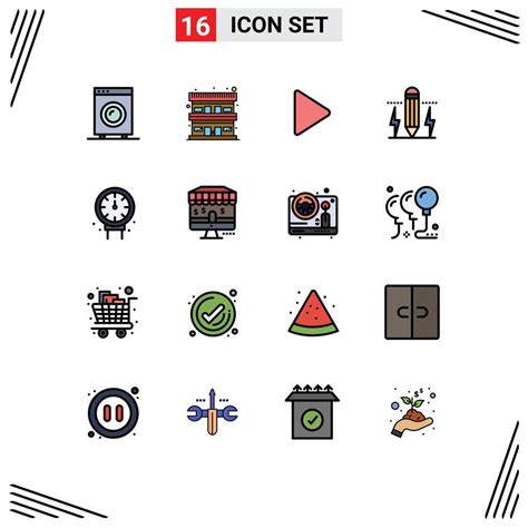 Set Of 16 Vector Flat Color Filled Lines On Grid For Gauge Bolt Travel Edit Pencil Editable