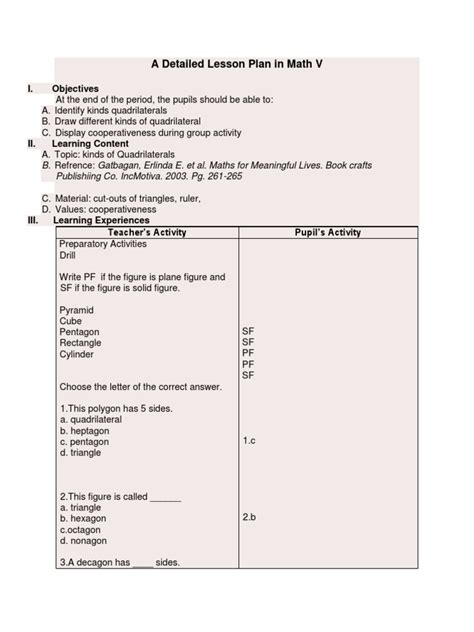 A Detailed Lesson Plan In Math V Pdf Rectangle Polytopes