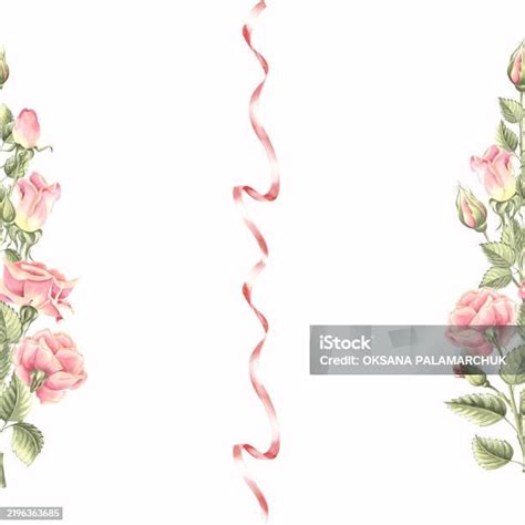 새싹과 잎이 있는 장미의 꽃 완벽 한 패턴 손으로 그린 수채화 그림입니다 봄 핑크 블루솜 정원 식물에서 꽃 장식 벽지 섬유 포장 표지에 대 한 템플릿 프레임에 대한 스톡