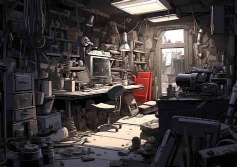 Premium Ai Image A Wideangle Shot Of An Inventors Cluttered Workshop Showcasing A Chaotic Yet