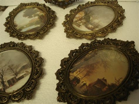 Set 5 Vintage Ornate Brass Oval Small Picture Frames Made In Italy