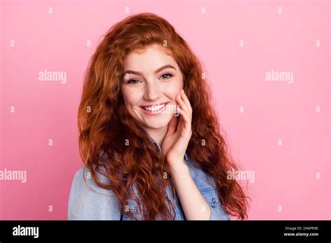 Photo Of Sweet Shiny Young Lady Dressed Jeans Shirt Arm Cheek Smiling