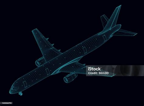 暗い背景に分離された青い線からの航空機のワイヤーフレームアイソメ図図3d ベクターイラストレーション ワイヤーフレームモデルのベクター