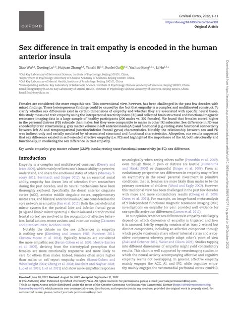 Pdf Sex Difference In Trait Empathy Is Encoded In The Human Anterior