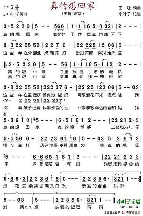 《真的想回家 》简谱王晓原唱 歌谱简谱之家