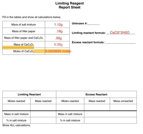 solved limiting reagent report sheet fill in the tables and