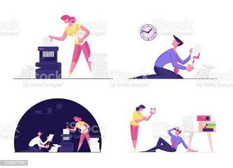 비즈니스 문자를 설정합니다 비밀 문서를 파괴 불법 비즈니스 활동을 숨기기 사업가와 사업가는 슈레더에 문서를 넣어 사무실에서