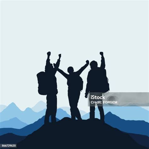 벡터 일러스트 레이 션의 산 풍경 푸른 하늘 아래 빛나는 몸짓으로 바위의 상단에 등산의 현실적인 실루엣으로 등산에 대한 스톡