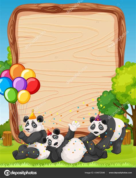 Blank Wooden Board Template Pandas Party Theme Forest Background Illustration Stock Vector By