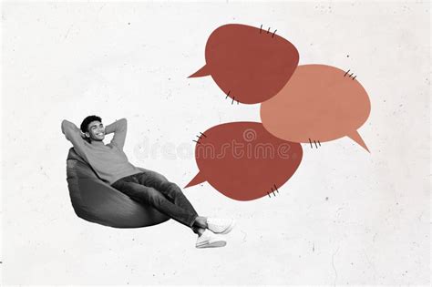 Collage Young Man Chilling Have Rest Smile Listen Textbox Speech