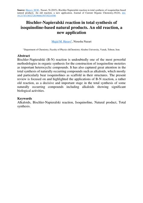 PDF Bischler Napieralski Reaction In Total Synthesis Of Isoquinoline