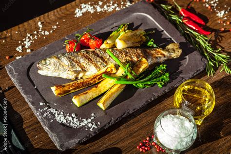 Rainbow Trout Grilled Vegetables White Wine Sauce Delicious Healthy Traditional Food Closeup