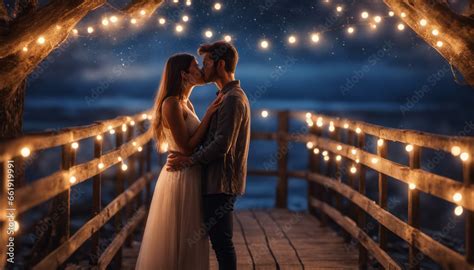 A Romantic Couple On A Rustic Wooden Bridge From The Back Illuminated