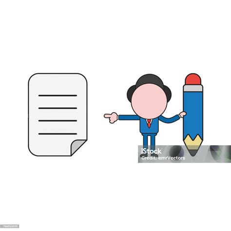 연필과 가리키는 서면 종이를 들고 사업가 캐릭터의 벡터 그림 색상 및 검은색 윤곽선 개념에 대한 스톡 벡터 아트 및 기타 이미지