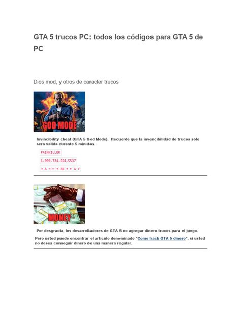 Gta 5 Trucos Pc Todos Los Códigos Para Gta 5 De Pc Pdf Videojuego